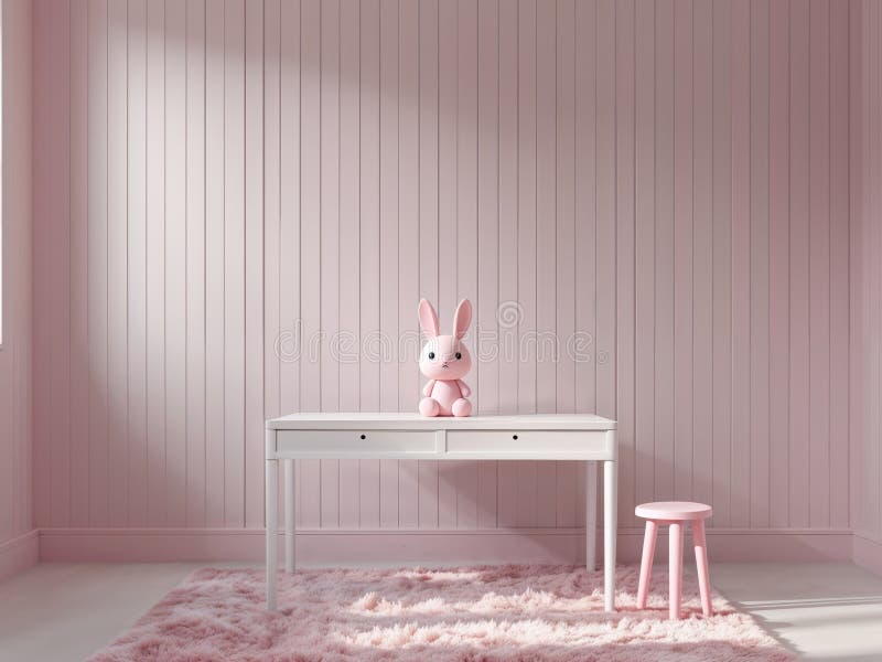 A White Desk with a Pink Toy Rabbit and a Pink Stool in a Room with ...