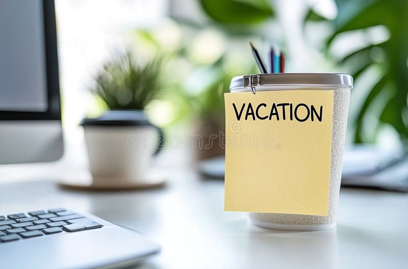 White Desk Setup with Vacation Sticky Note Computer and Coffee Cup ...