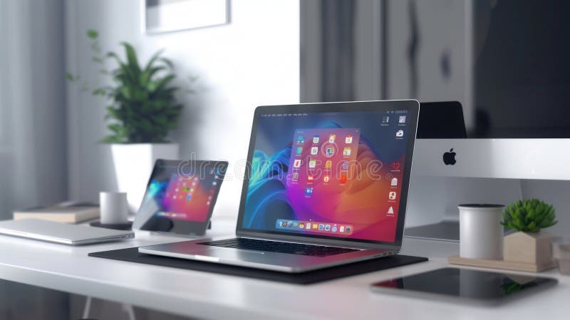 A White Desk with Three Modern Devices Displaying Vibrant Apps and Work ...