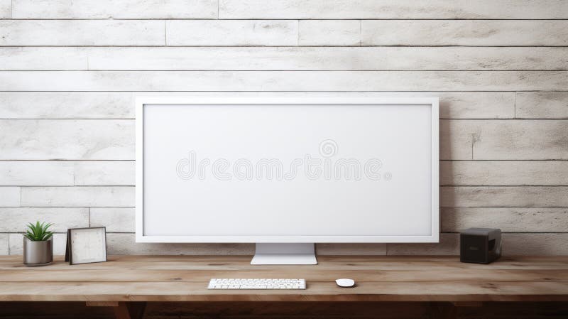 White Desk with White Computer Screen Stock Image - Image of apple ...