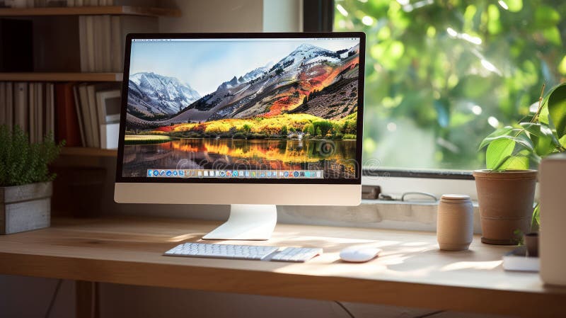 White Desk with White Computer Screen Stock Photo - Image of generative ...