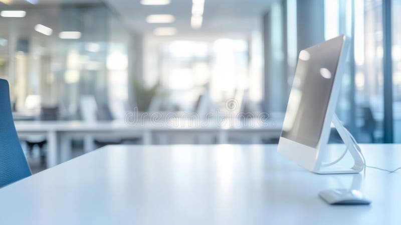 White Desktop Computer on a White Desk in a Blurred Office Setting ...