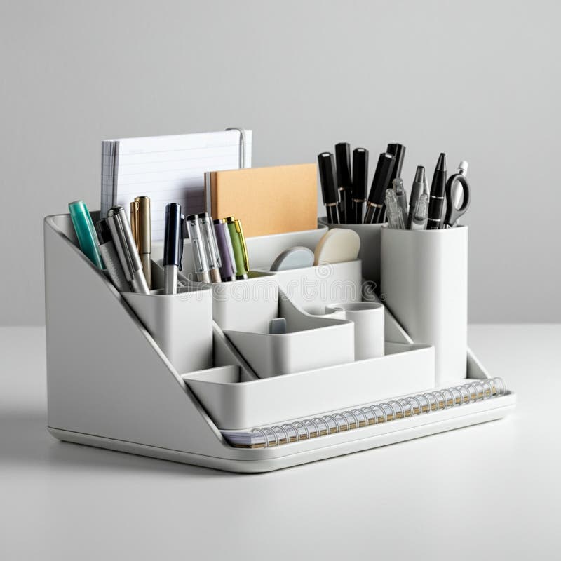 White Desktop Organizer Featuring Various Compartments Holds Pens ...