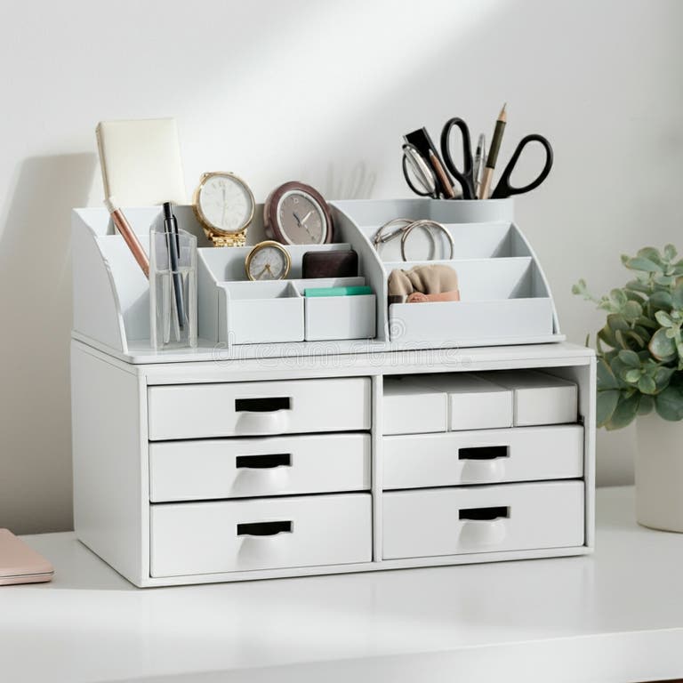 White Desktop Organizer with Multiple Compartments and Drawers, Holding ...