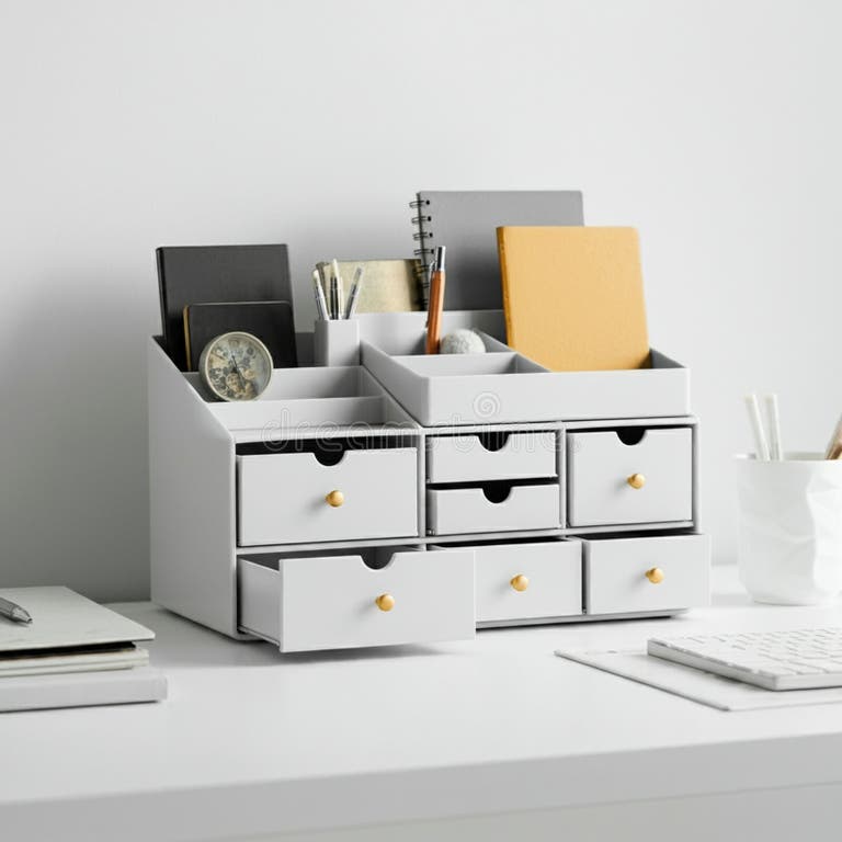 White Desktop Organizer with Multiple Small Drawers and Compartments ...