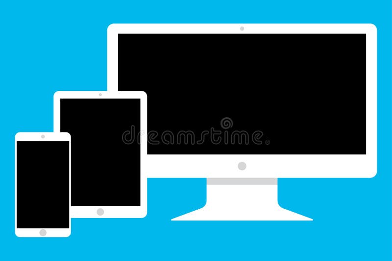White Destop Computer, Tablet and Smartphone Set with Black Screen on ...