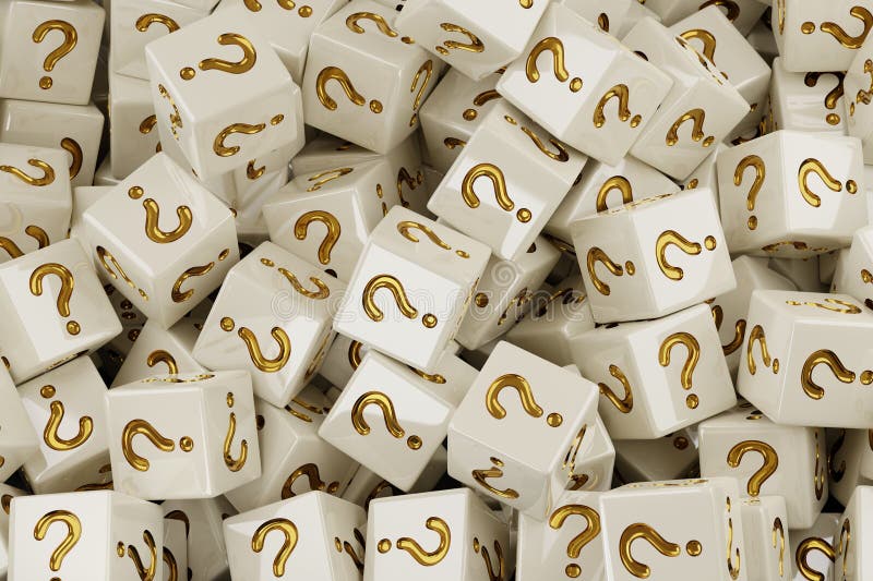 White Dice with Golden Question Marks on Their Faces Background. 3d ...