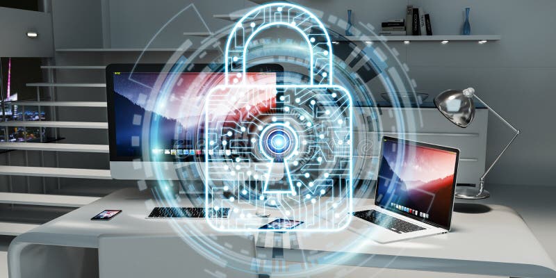 White and Digital Firewall Flying Over Desktop 3D Rendering Stock ...