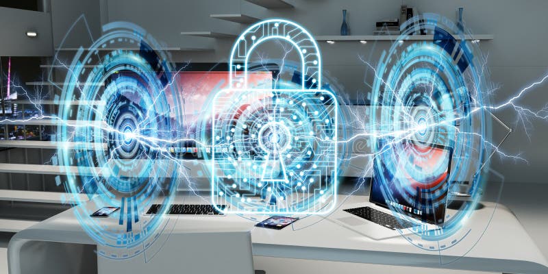 White and Digital Firewall Flying Over Desktop 3D Rendering Stock ...