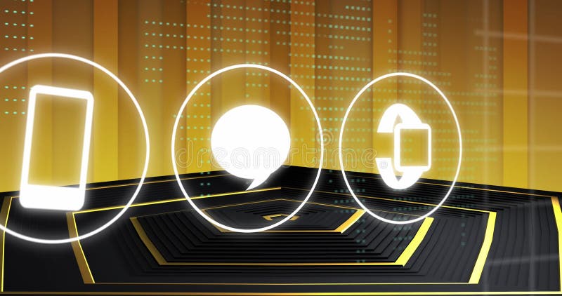 White Digital Media and Data Icons Over Moving Hexagonal Black Podium ...