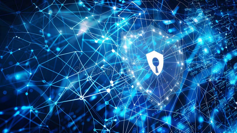 White Digital Shield with Data Points and Icons on Blue Background - AI ...