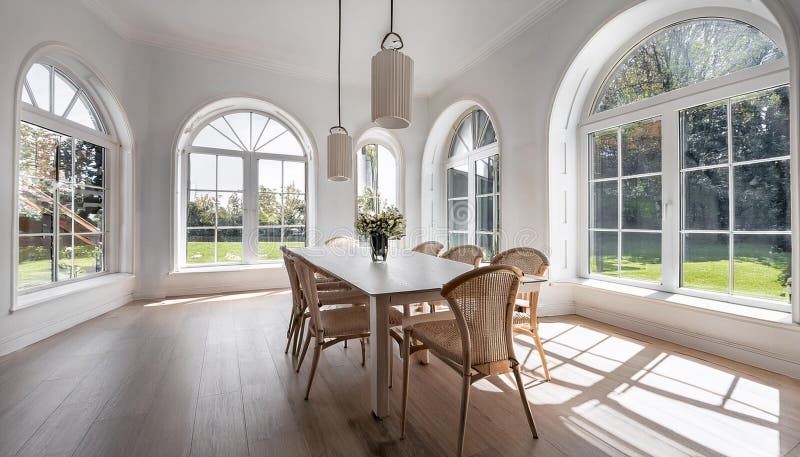 White Dining Room Corner with Arched Windows Stock Illustration ...
