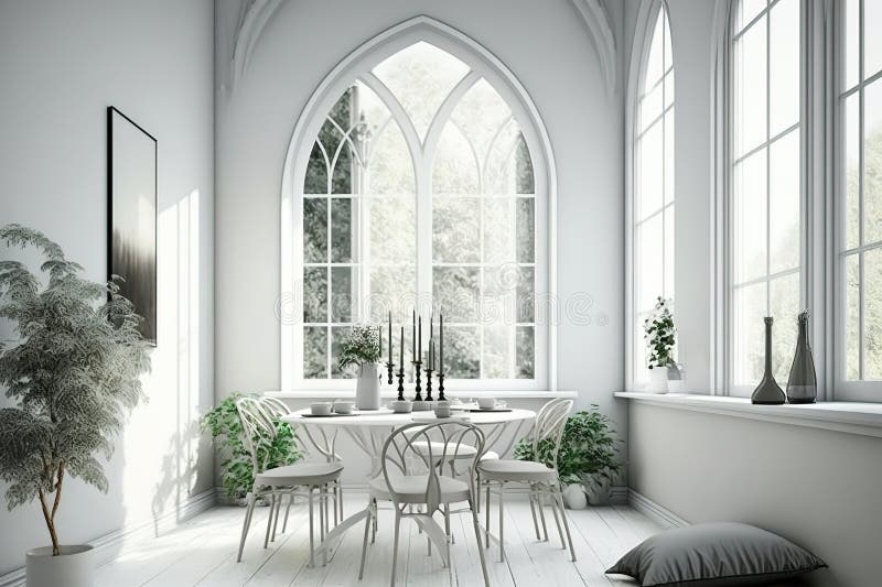 White Dining Room Corner with Arched Windows. Modern Living Room with ...