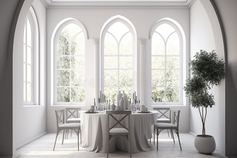 White Dining Room Corner with Arched Windows. Modern Living Room with ...