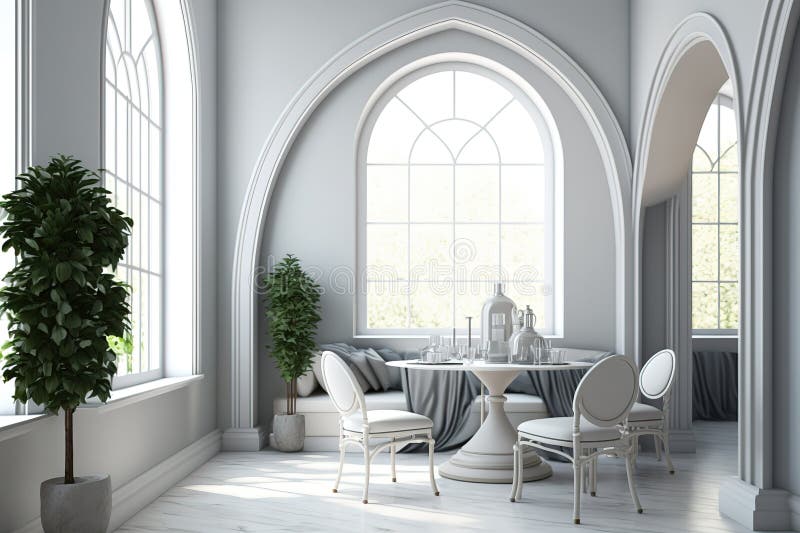 White Dining Room Corner with Arched Windows. Modern Living Room with ...