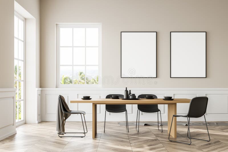 White Dining Room Interior with Long Table and Two Posters Stock ...