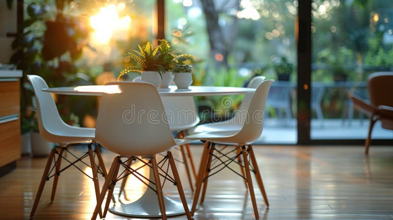A White Dining Table with Four White Chairs Sits in Front of a Large ...