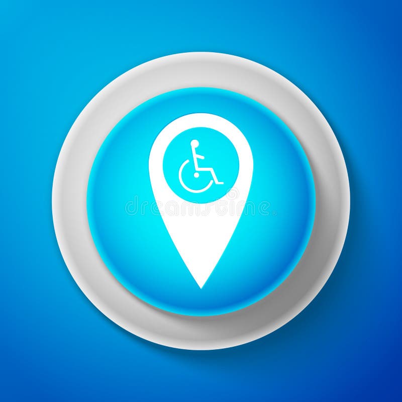 White Disabled Handicap in Map Pointer Icon Isolated on Blue Background ...