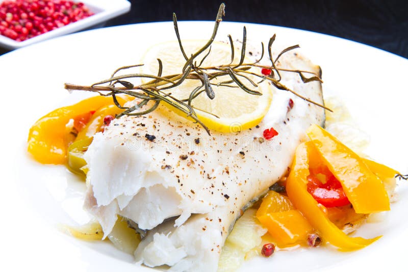 A White Dish of Fresh Black Cod with Pepper Stock Photo - Image of ...