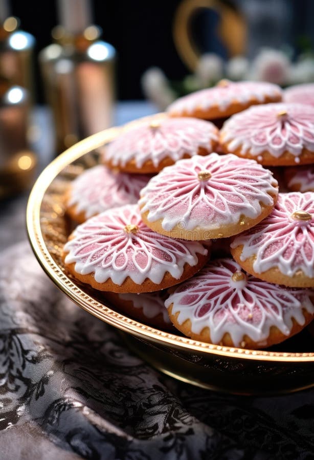 A White Dish Has Some Pink Cookies and Jam on it Stock Photo - Image of ...