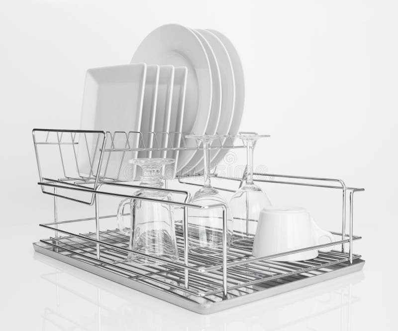 White Dishes Drying on Metal Dish Rack Stock Photo - Image of domestic ...