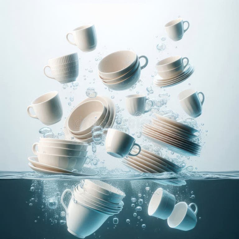 White Dishes Falling into Water. Stock Image - Image of elegant, pure ...