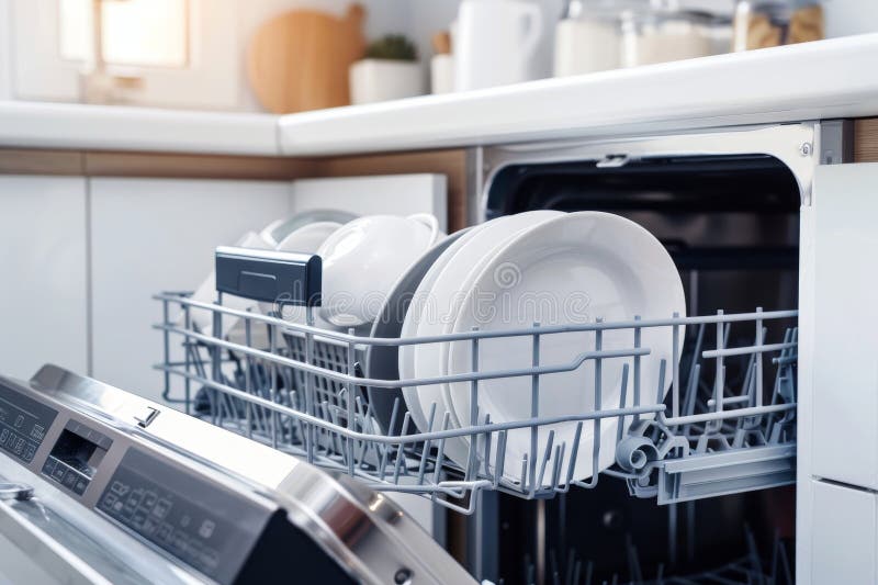 White Dishes in Modern Kitchen Ready To Be Washed in Electronic ...