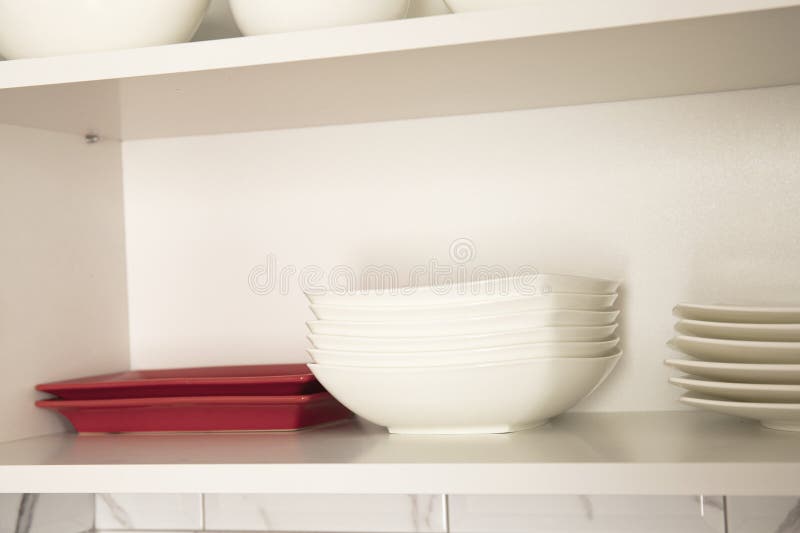 White Dishes Plates Inside Open White Kitchen Cabinet Stock Image ...