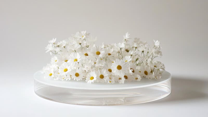 White Display Stand with a Transparent Glass Base, Surrounded by Tiny ...