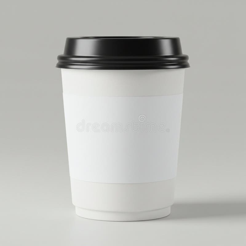 A White Disposable Coffee Cup with a Blank Label, Featuring a Black ...