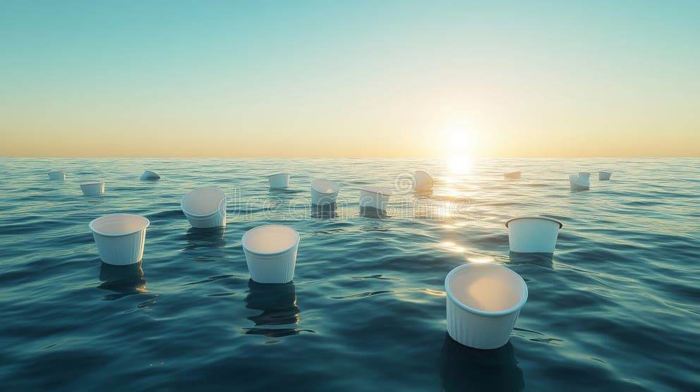 White Disposable Cups Floating in the Ocean at Sunset Stock Image ...