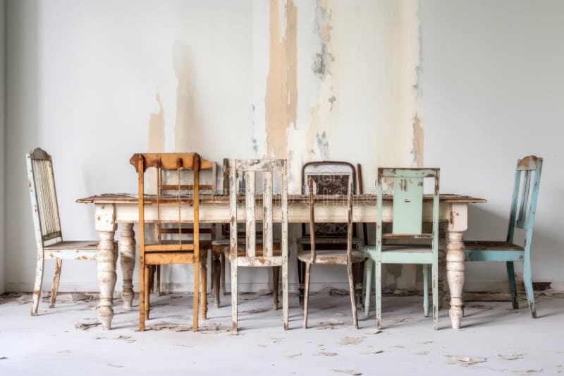 White, Distressed Dining Table with Mismatched Chairs Stock Photo ...