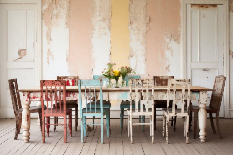 White, Distressed Dining Table with Mismatched Chairs Stock Image ...