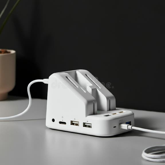 A White Docking Station or Charging Hub is Situated on a Gray Surface ...
