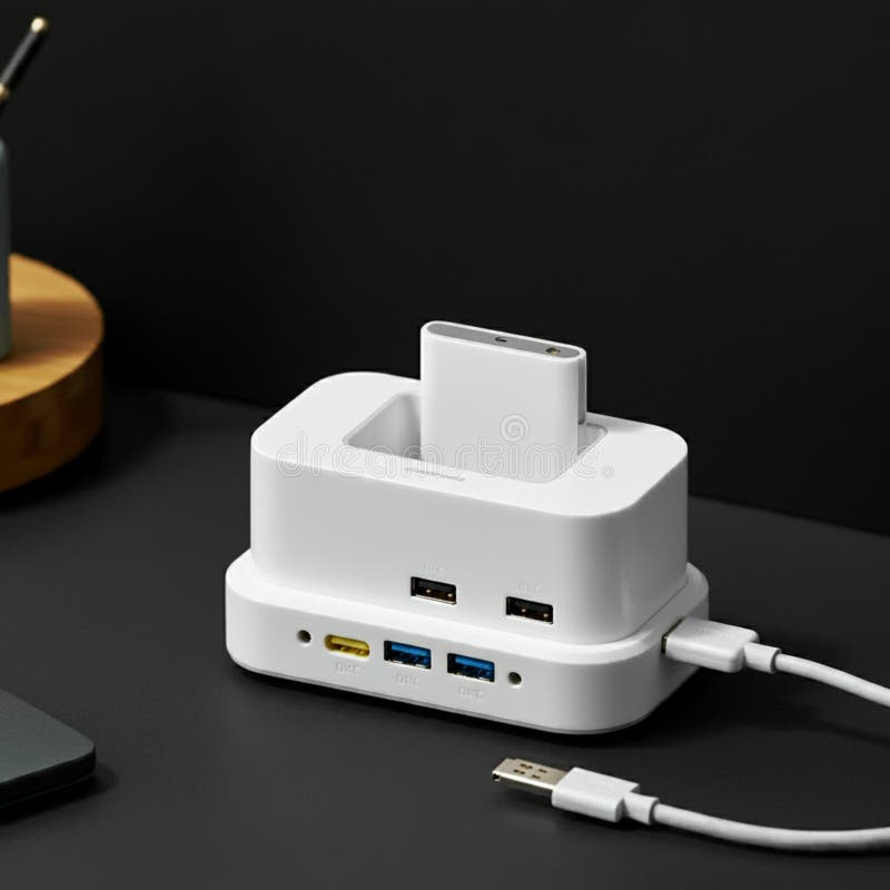 A White Docking Station Sits on a Dark Surface, Featuring Multiple USB ...