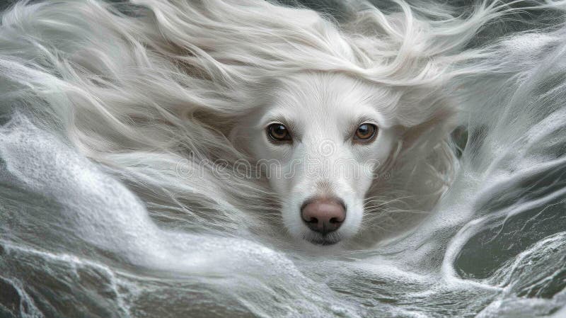 White Dog with Flowing Fur Blends into Foamy Water Stock Image - Image ...