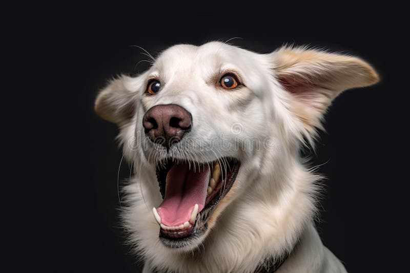 A White Dog with Its Mouth Open on a Black Background Stock ...