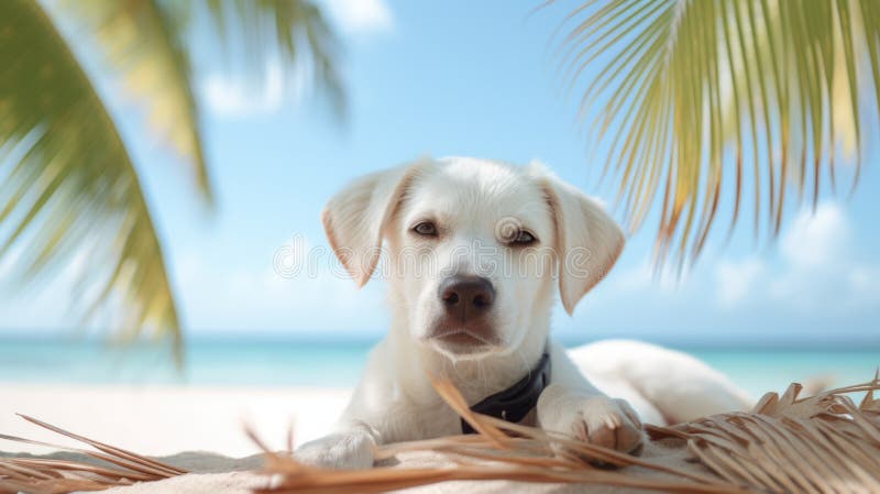 A White Dog Laying on the Beach with Palm Trees, AI Stock Image - Image ...
