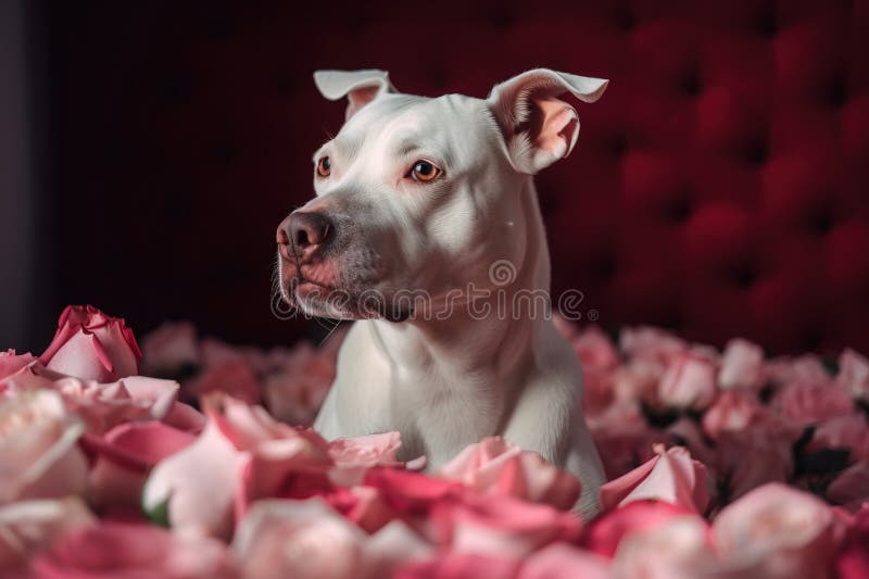 A White Dog Laying on Top of a Bed of Pink Roses Stock Illustration ...