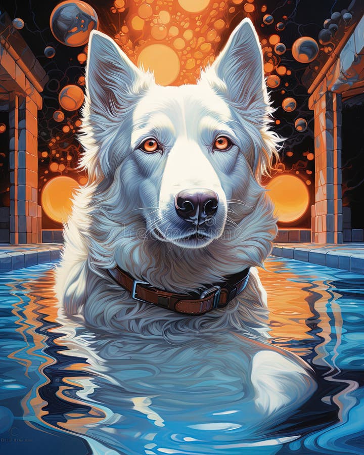 White Dog in Pool in Artistic 3D Style, Digital Art Surrealism Stock ...
