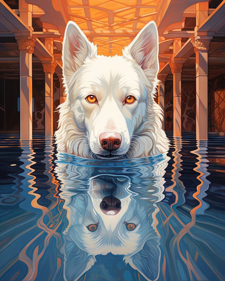 White Dog in Pool in Artistic 3D Style, Digital Art Surrealism Stock ...