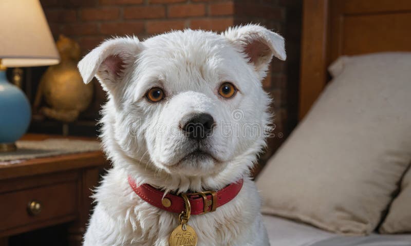 A White Dog with a Red Collar Sits on a Bed, Looking at the Camera ...