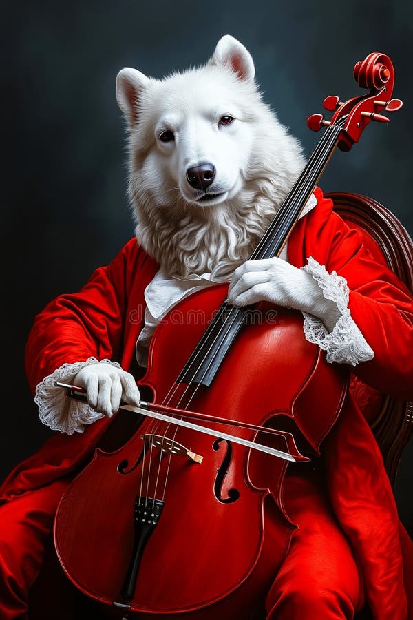 A White Dog in a Red Suit Playing a Cello Stock Illustration ...