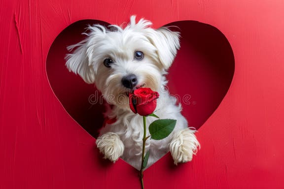 White Dog with Rose in Heart Shape Stock Photo - Image of white, cute ...