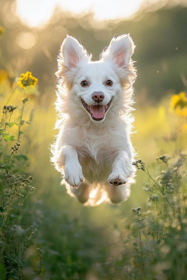 White Dog Running Jumping Happily Field Sunset Stock Photos - Free ...