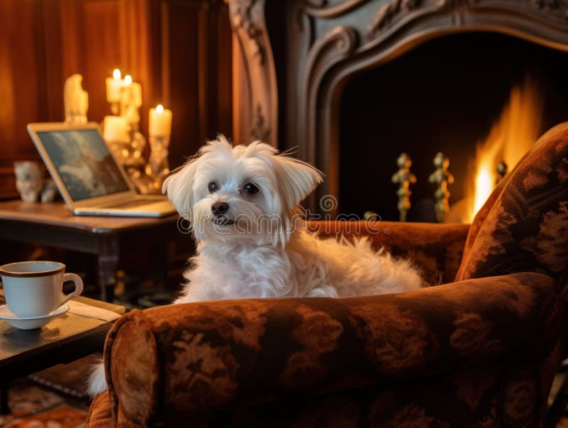 A White Dog Sitting in a Chair in Front of a Fireplace. Generative AI ...