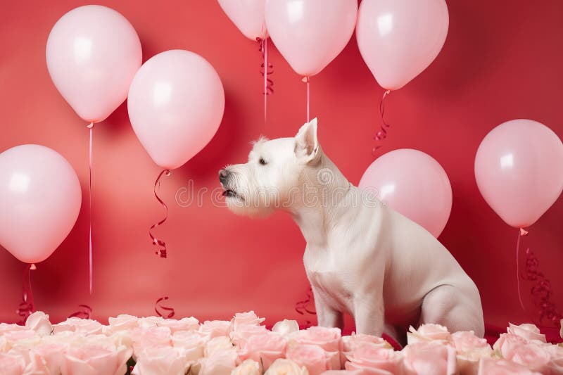 A White Dog Sitting in Front of a Bunch of Pink Roses Stock ...