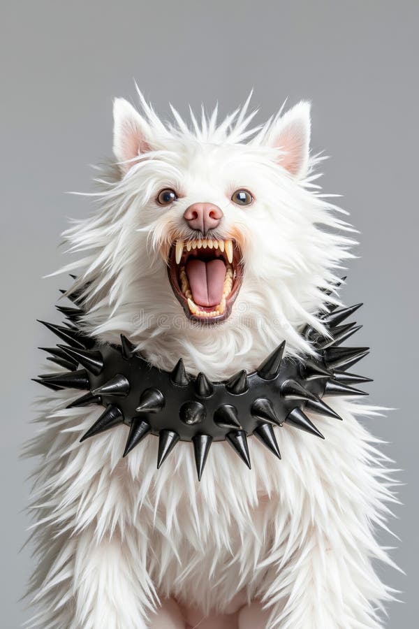 A White Dog with Spikes on Its Collar is Posing for a Picture Stock ...