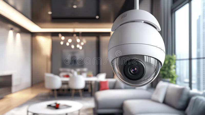 White Dome Security Camera in Modern Living Room Interior Stock ...