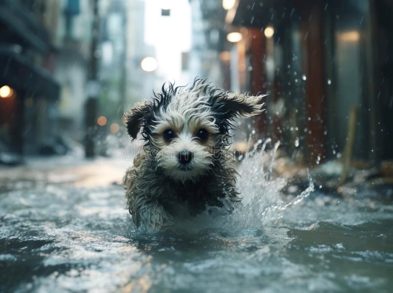 White Doog Running on the Flood Stock Photo - Image of rescue, running ...